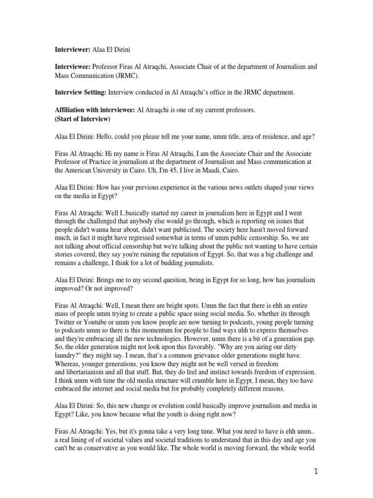 Interview Transcript | PDF | Journalism | Arab Spring