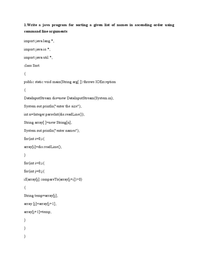 1write A Java Program For Sorting A Given List Of Names In Ascending Order Using Command Line