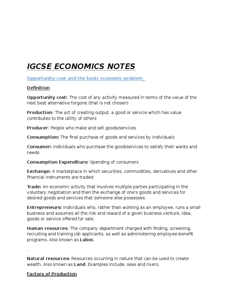 Igcse Economics Notes | PDF | Division Of Labour | Factors Of Production