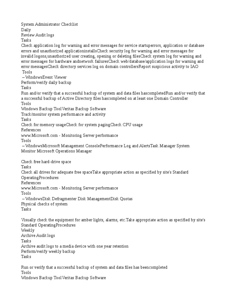 System Admin Checklist | PDF | Backup | Antivirus Software