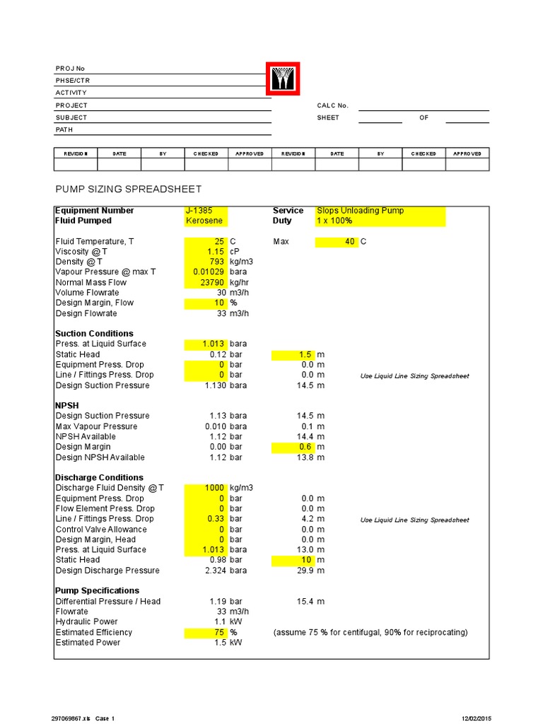 PUMP SIZING SPREADSHEET FOR KEROSENE TRANSFER | PDF | Reynolds Number ...