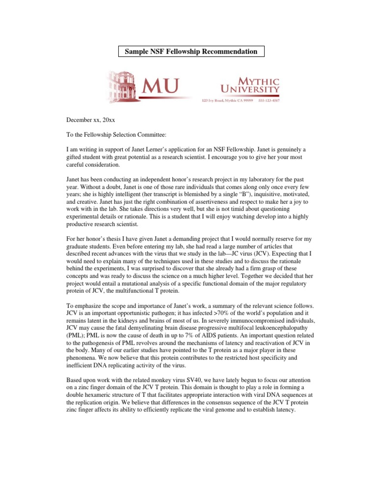 Sample NSF Fellowship Recommendation | PDF | Graduate School | Virus