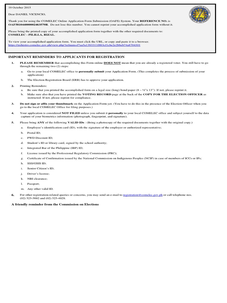 Important Reminders To Applicants For Registration | PDF | Identity ...