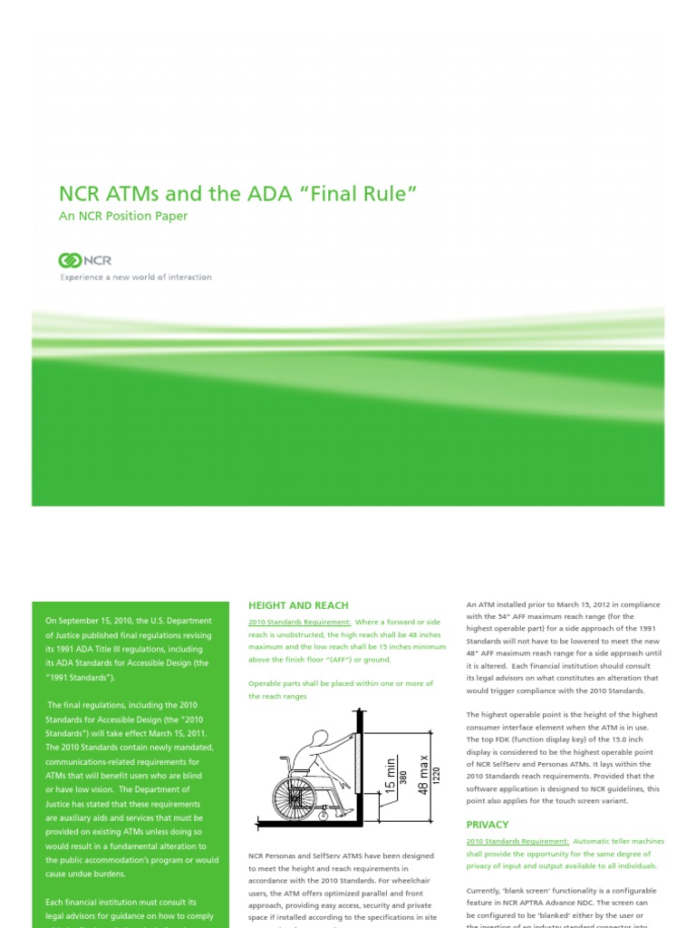 NCR ATMs and The ADA Final Rule | PDF | Automated Teller Machine | Accessibility