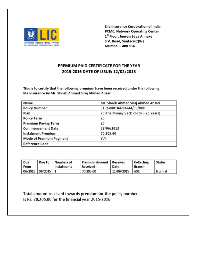 Lic Premium Certificate