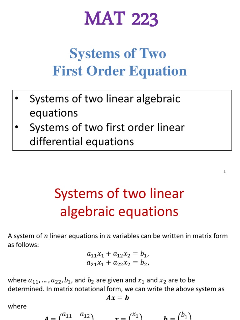Systems of Two First Order Equation | PDF | Equations | System Of ...