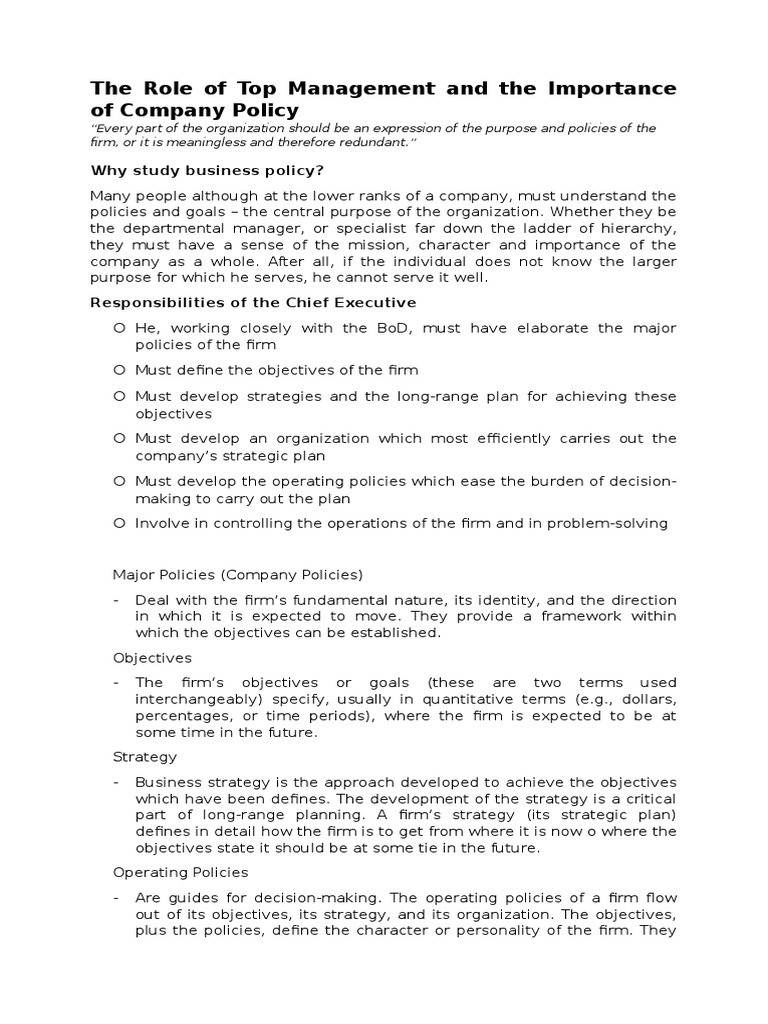 The Role of Top Management and The Importance of Company Policy | PDF ...