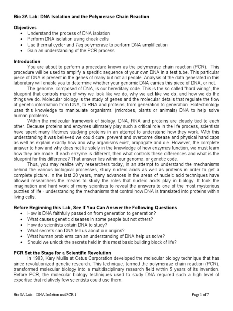 Bio 3A Lab: DNA Isolation and The Polymerase Chain Reaction Objectives ...
