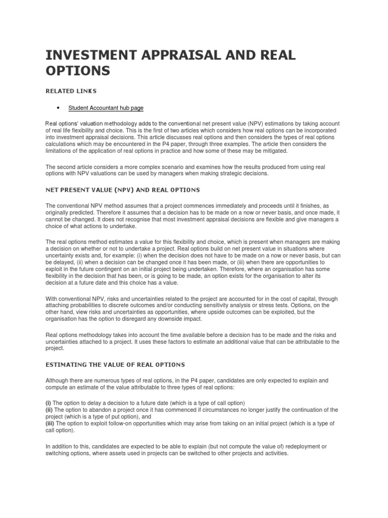 Investment Appraisal and Real Options | PDF | Net Present Value ...