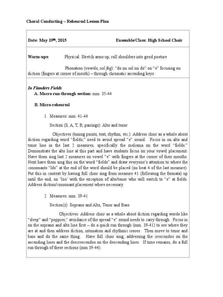 Choral Rehearsal Plan: High School Choir | PDF