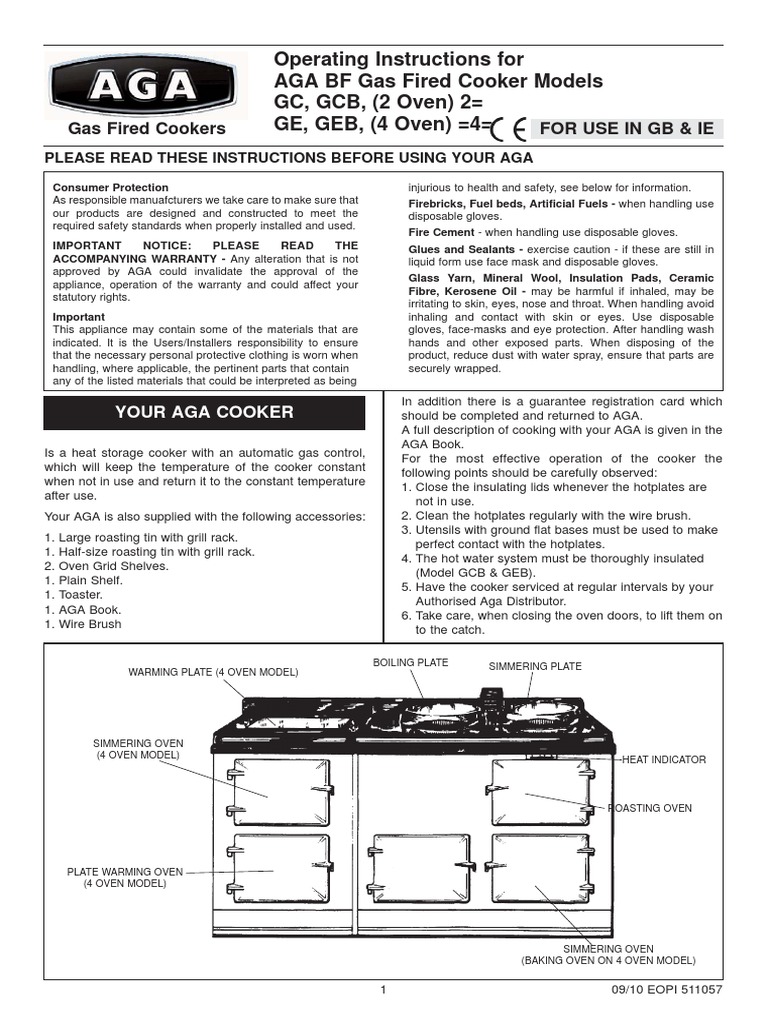 Operating Instructions For AGA BF Gas Fired Cooker Models GC, GCB, (2 Oven) 2 GE, GEB, (4 Oven ...