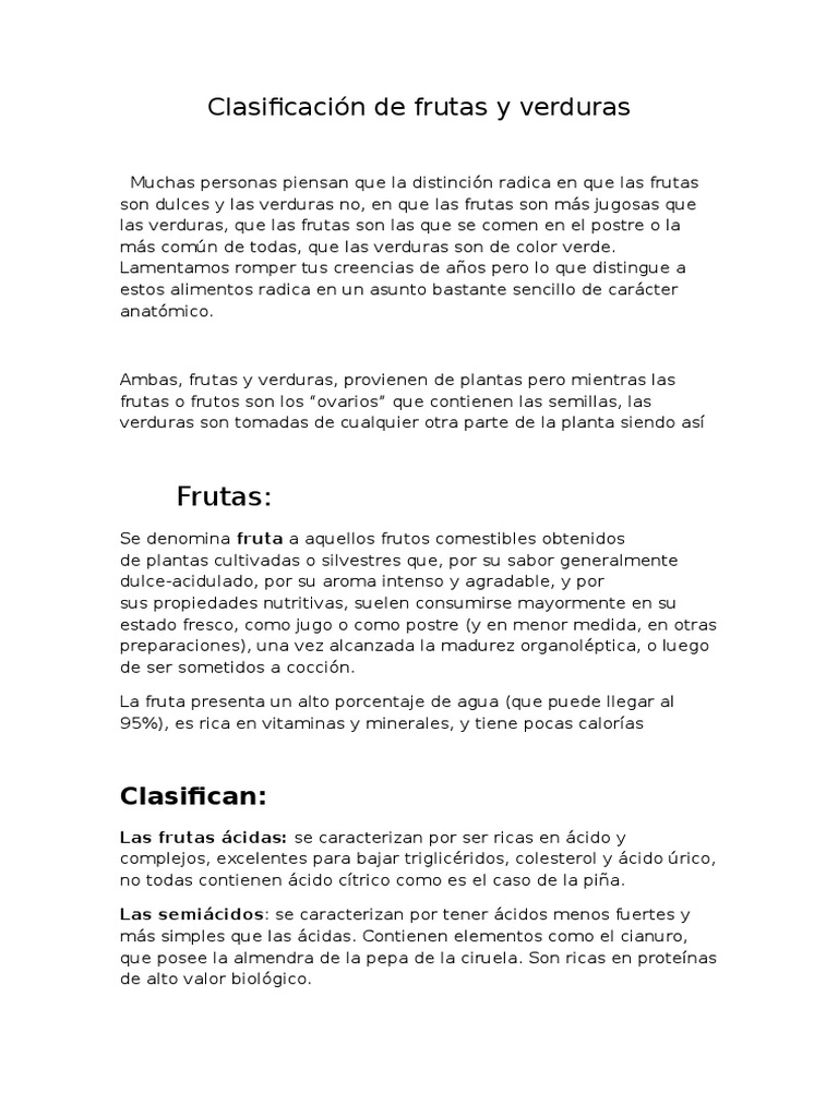 Clasificación de Frutas y Verduras | PDF | Batata | Vegetales