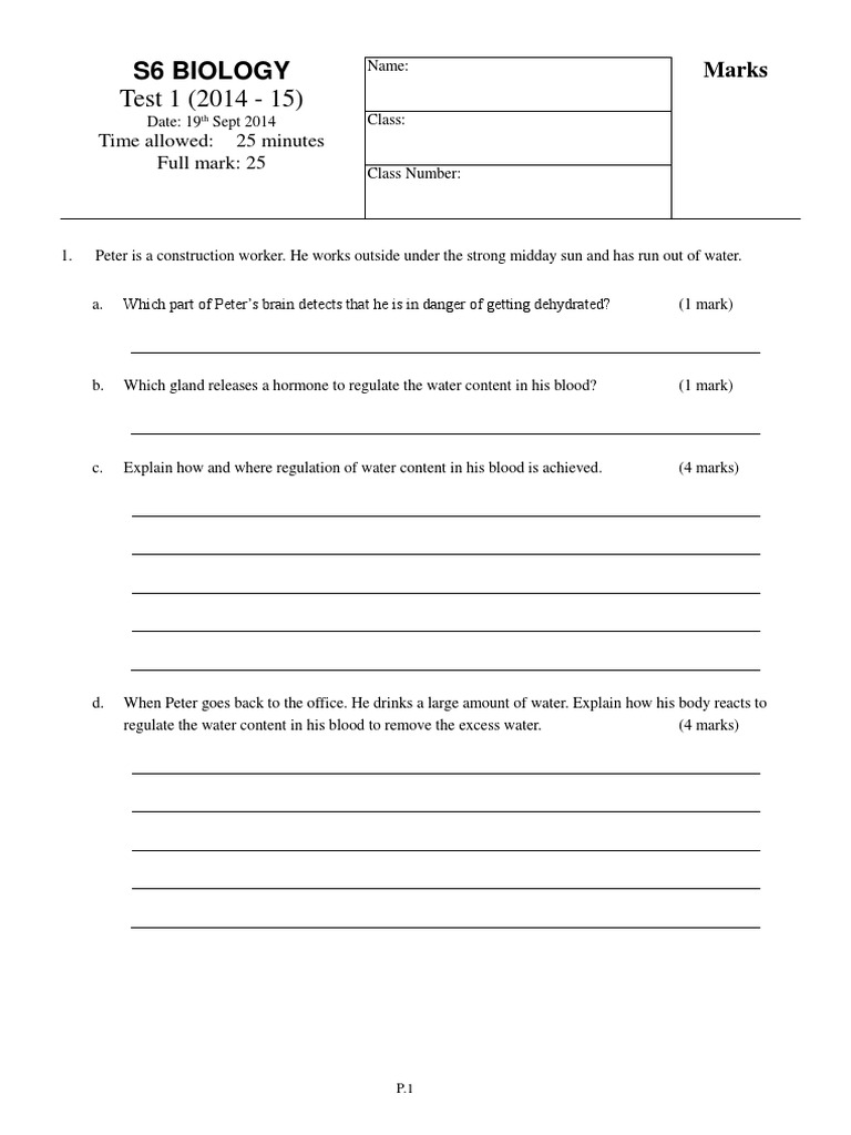 Test 1 (2014 - 15) : S6 Biology | PDF | Endocrine System | Organ (Anatomy)