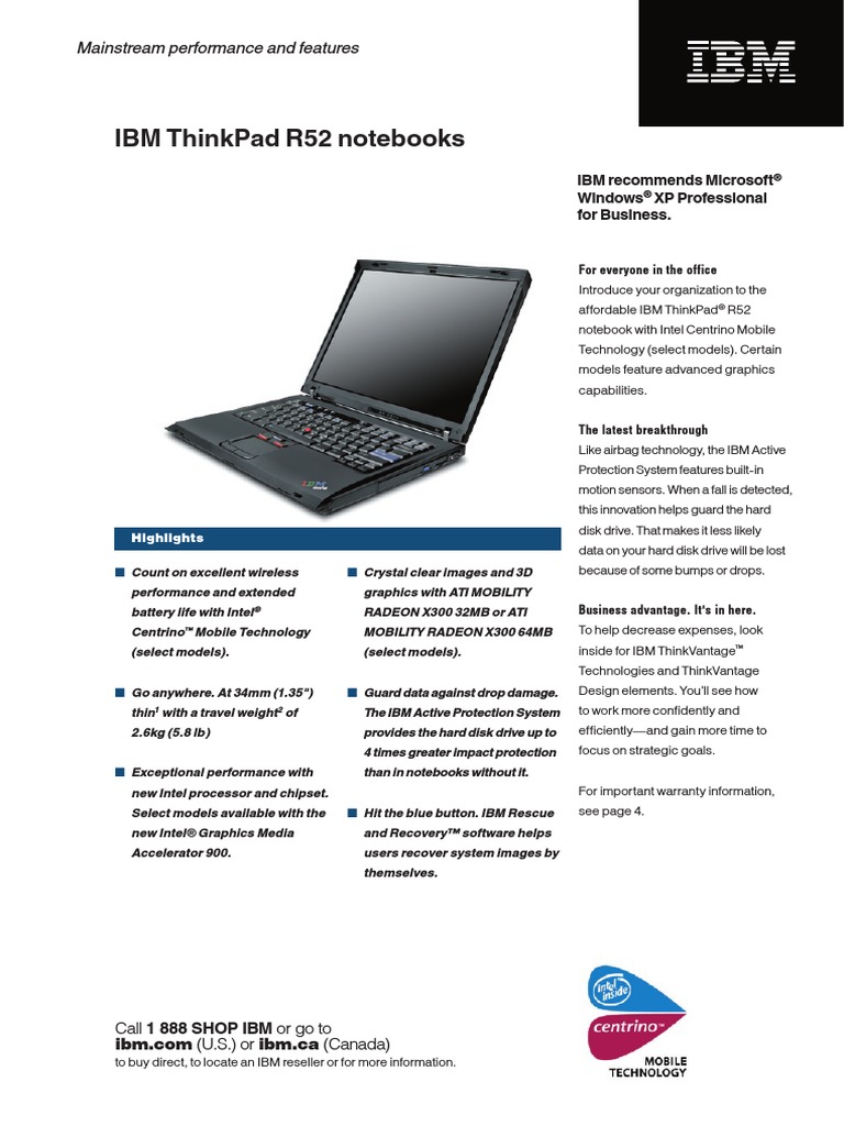 Ibm Thinkpad R52 Notebooks: Mainstream Performance and Features | PDF ...