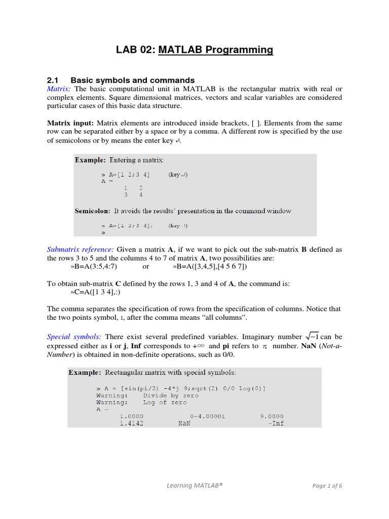 LAB 02: MATLAB Programming: 2.1 Basic Symbols and Commands | PDF ...