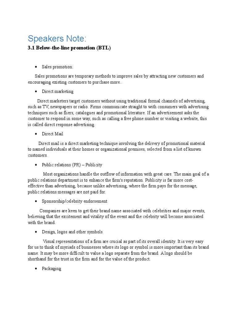 Speakers Note:: 3.1 Below-The-Line Promotion (BTL) | PDF | Swot ...