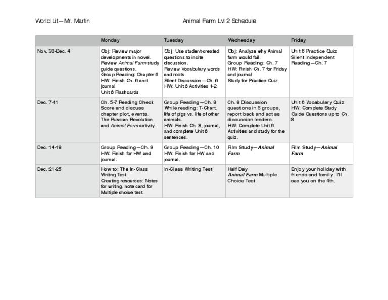 Animal Farm Unit Schedule | PDF