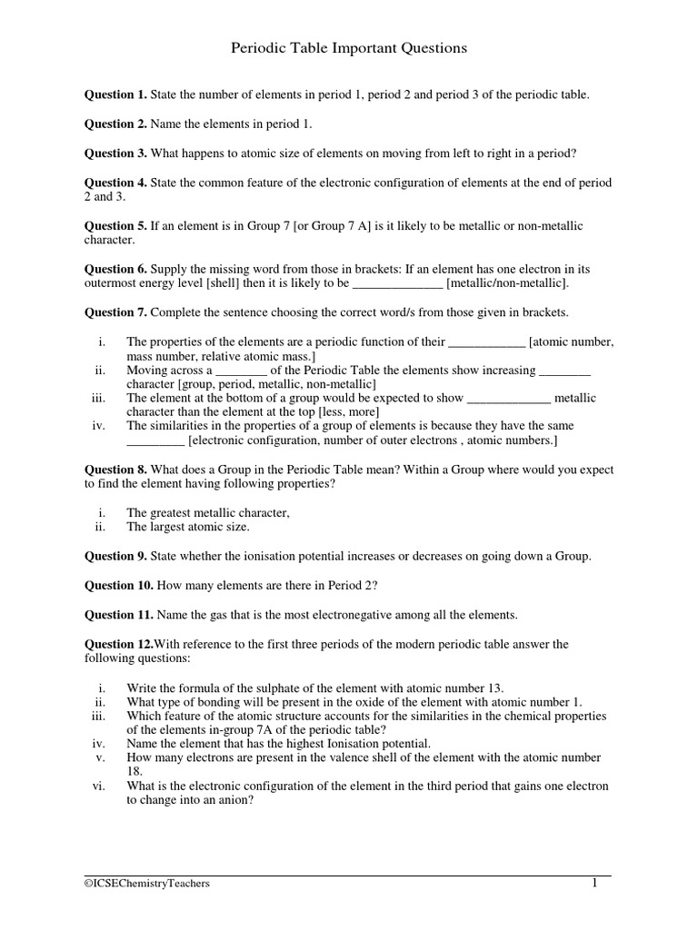 Periodic Table Important Questions: ©icsechemistryteachers | PDF ...