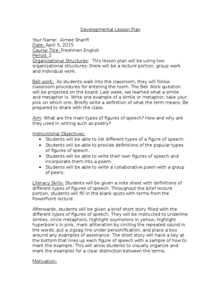 Lesson Plan Figures Of Speech Lesson Plan Metaphor