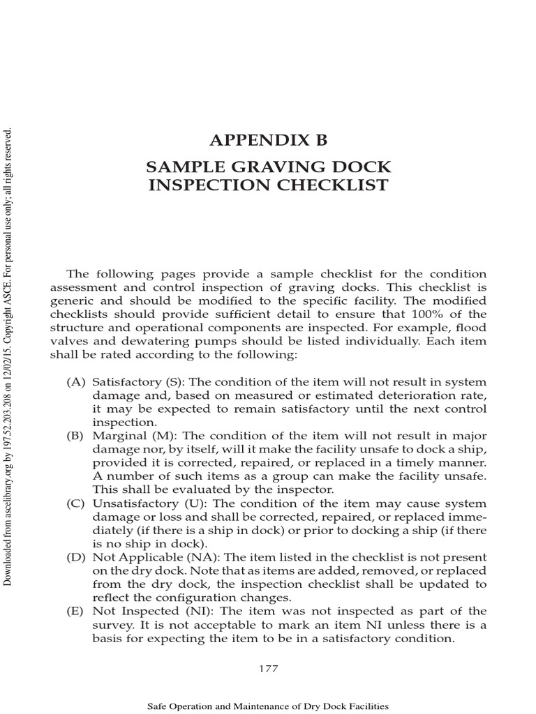 Appendix B Sample Graving Dock Inspection Checklist: Safe Operation and ...