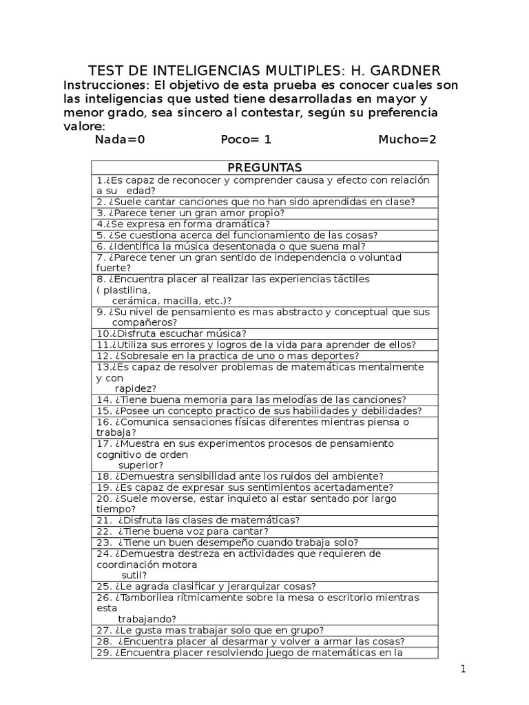 Test de Inteligencias Múltiples de Gardner | PDF | Cognición | Ciencia ...