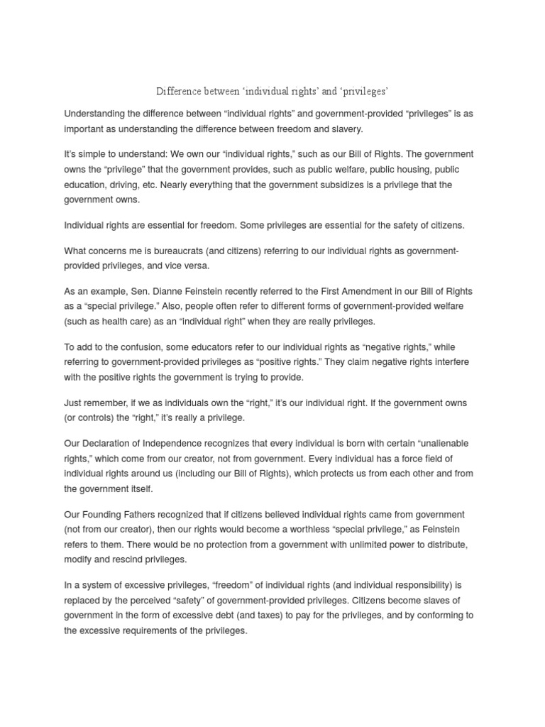 Difference Between Individual Rights' and Privileges' | PDF | Law And ...