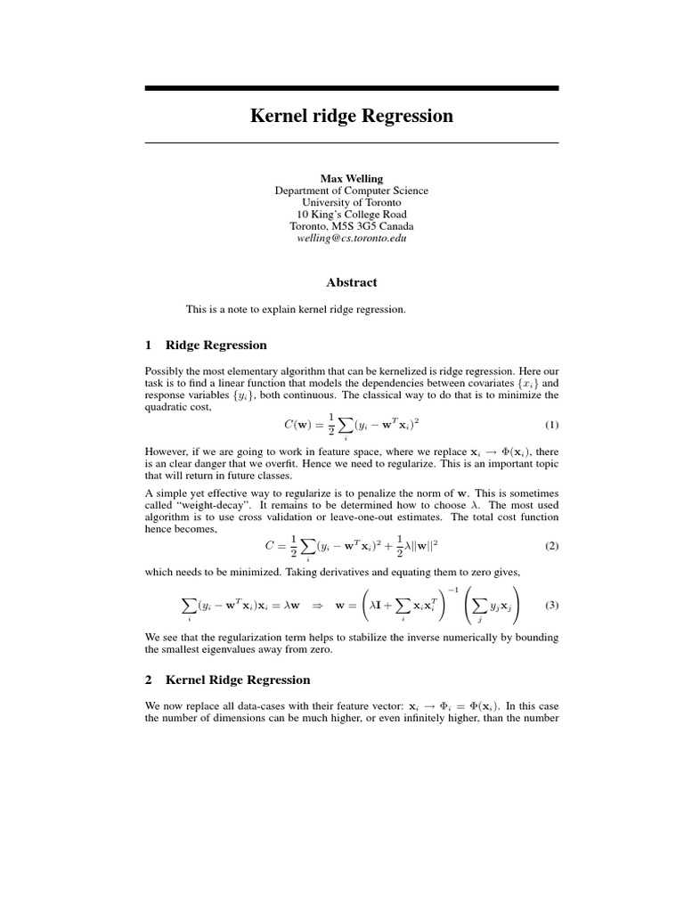 Kernel Ridge Regression: Max Welling | PDF | Regression Analysis | Vector Space