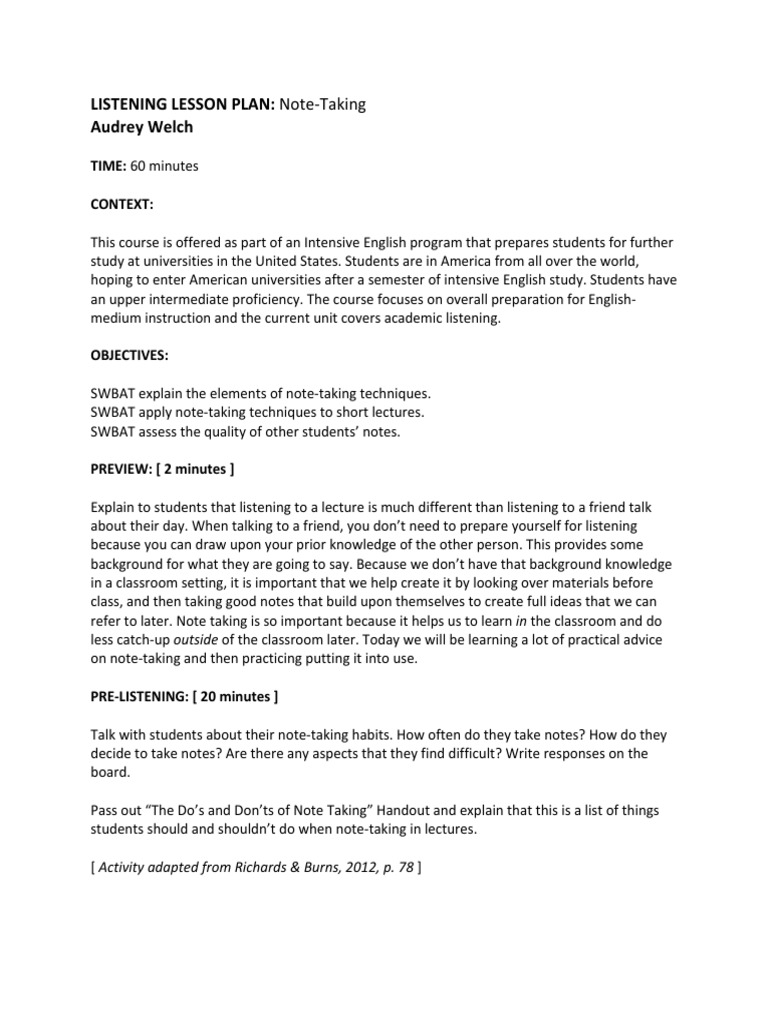 Listening Lesson Plan | PDF | Lecture | Classroom