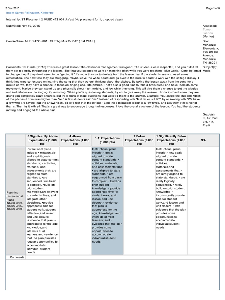 Music Education Internship Evaluation | PDF | Educational Assessment ...