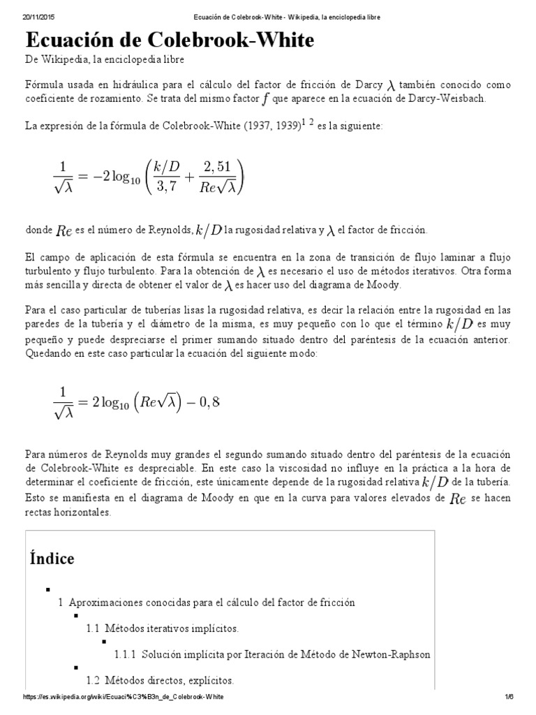 Ecuación de Colebrook-White - Wikipedia, La Enciclopedia Libre PDF ...
