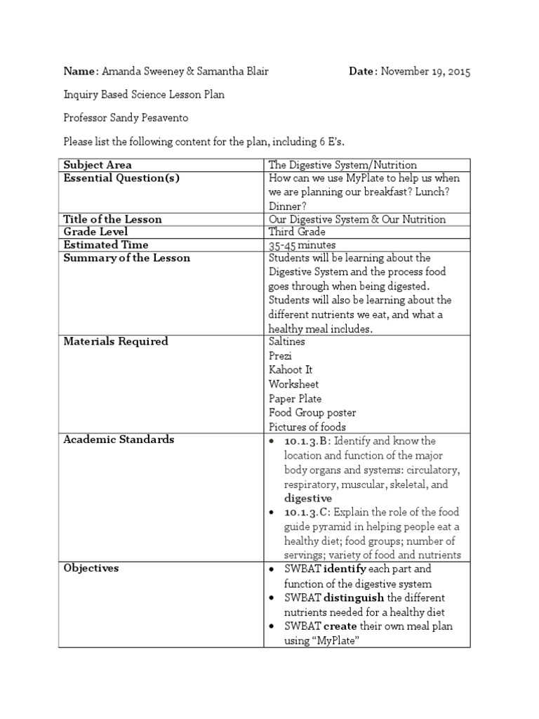 Nutrition Lesson Plan | PDF | Digestion | Human Digestive System