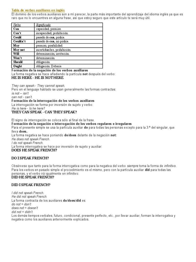 Tabla De Verbos Auxiliares En Inglés Pdf Idioma En Inglés Verbo
