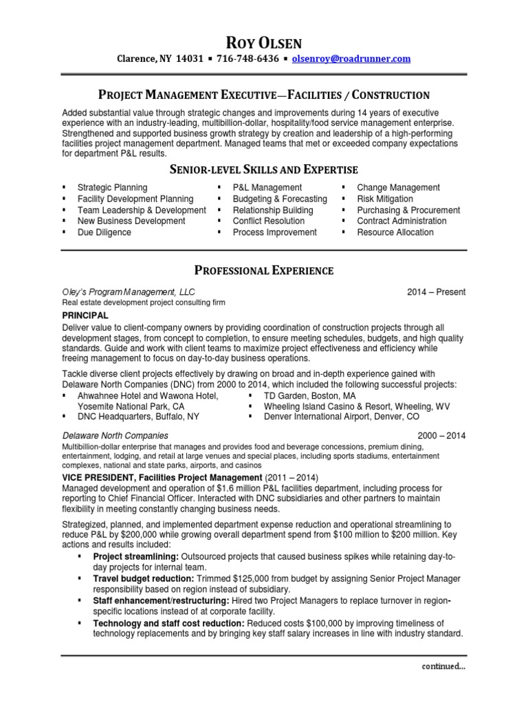 VP Facilities Construction In United States Resume Roy Olsen | Project ...