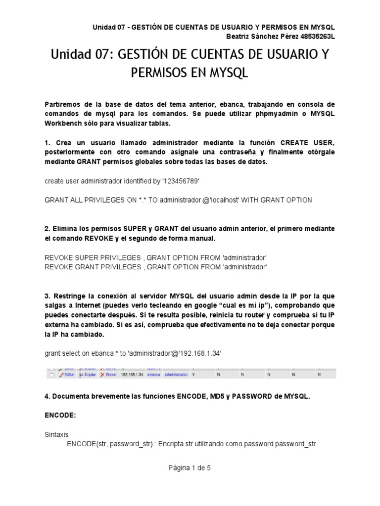 Unidad 07 - GESTIÓN DE CUENTAS DE USUARIO Y PERMISOS EN MYSQL PDF | PDF | Tabla (base de datos ...
