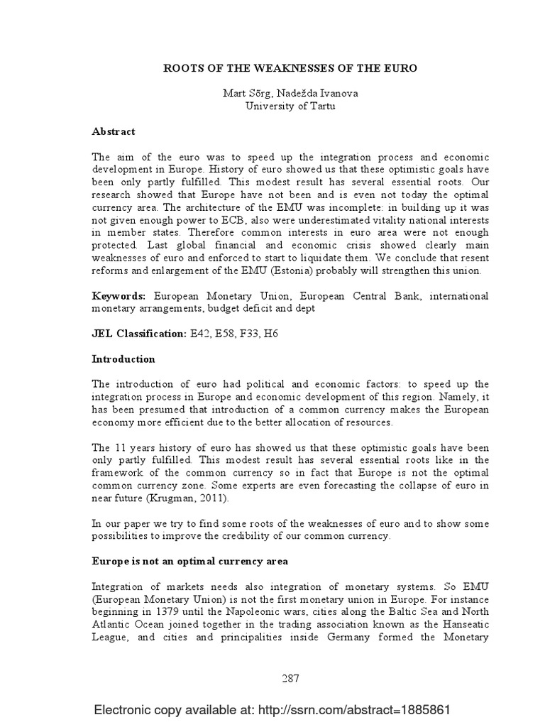 Roots of The Weaknesses of The Euro | PDF | Economic And Monetary Union ...