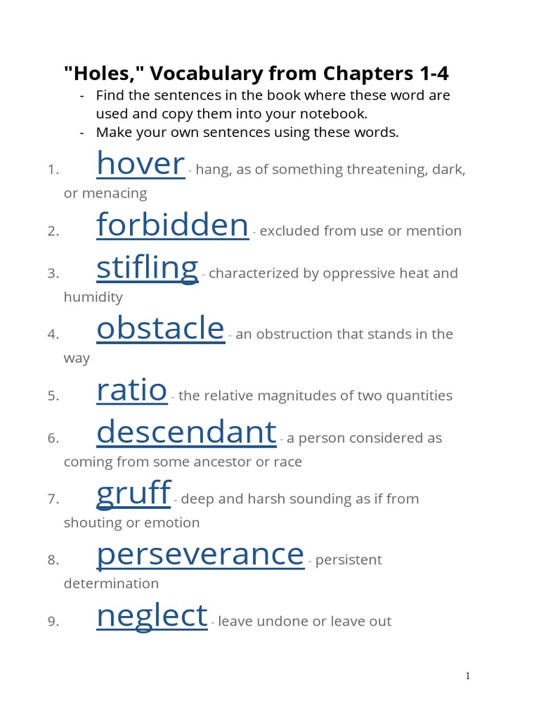 Holes Vocabulary: Chapters 1-4 | PDF