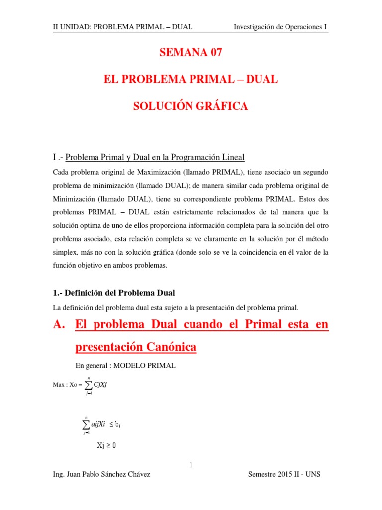 Semana 07 Invope I Primal Dual 07.10.15 | PDF | La investigación de operaciones | Ecuaciones