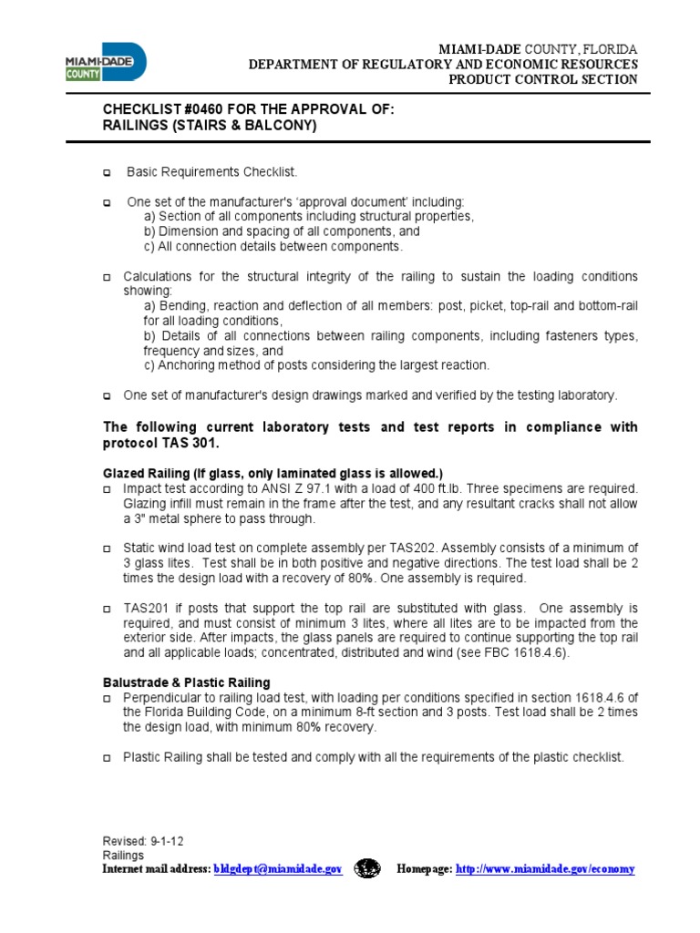 Checklist #0460 For The Approval Of: Railings (Stairs & Balcony) | PDF