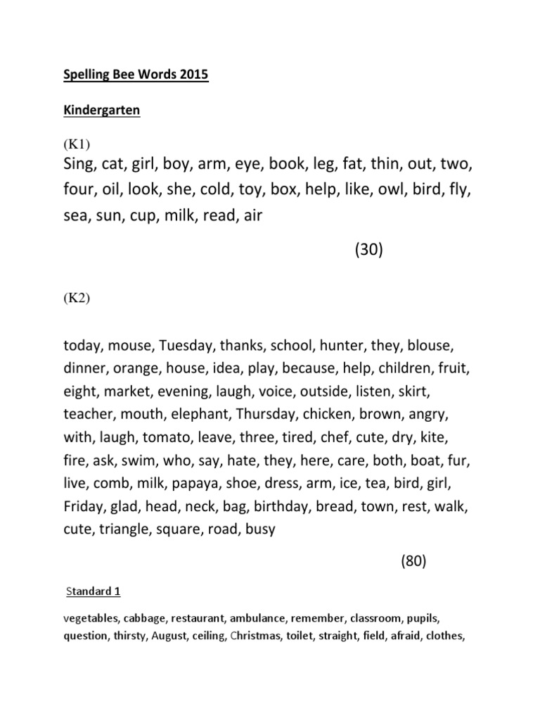 Spelling Bee Words for Grades K-6 | PDF