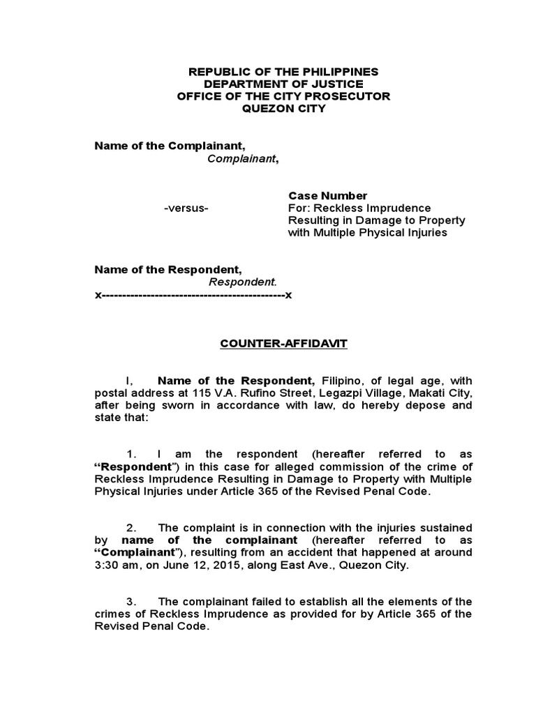 Counter-Affidavit for Reckless Imprudence | PDF | Evidence | Traffic