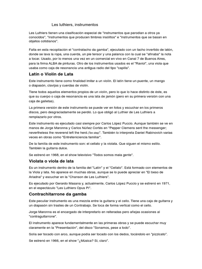 Les Luthiers Instrumentos | PDF | Violonchelo | Guitarras