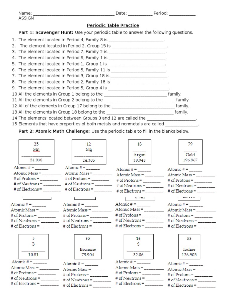 Periodic Table Practice Atomic Math Element Names and Symbols | PDF