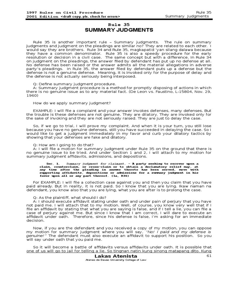 An In-Depth Explanation of Summary Judgment Procedure Under the 1997 ...