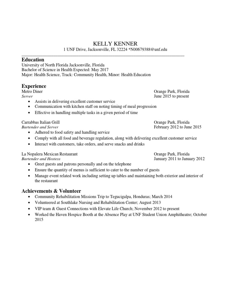 Kelly Kenner's Health Science Resume | PDF | Wellness