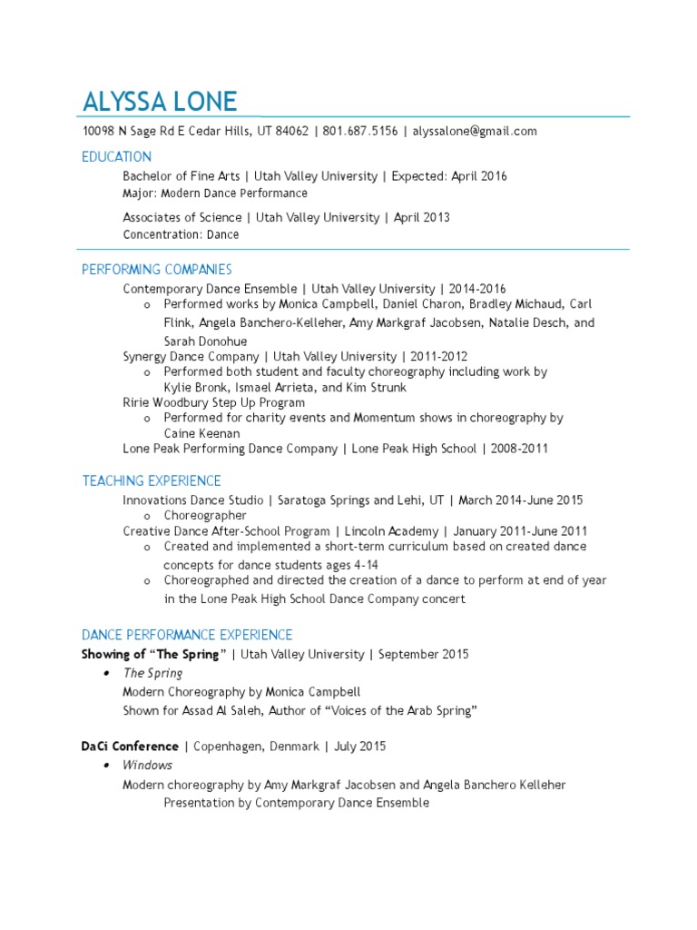 Alyssa Lone: Dance Performance CV | PDF | Performing Arts | Entertainment
