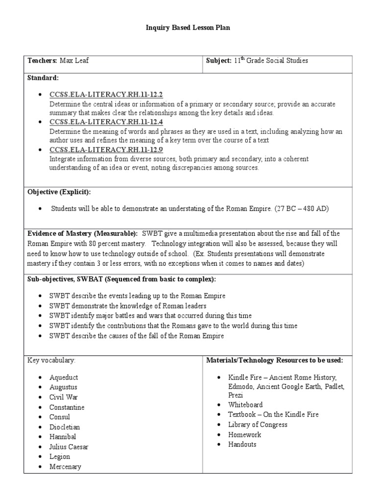 Inquiry Lesson Plan: Roman Empire | PDF | Ancient Rome | Lesson Plan