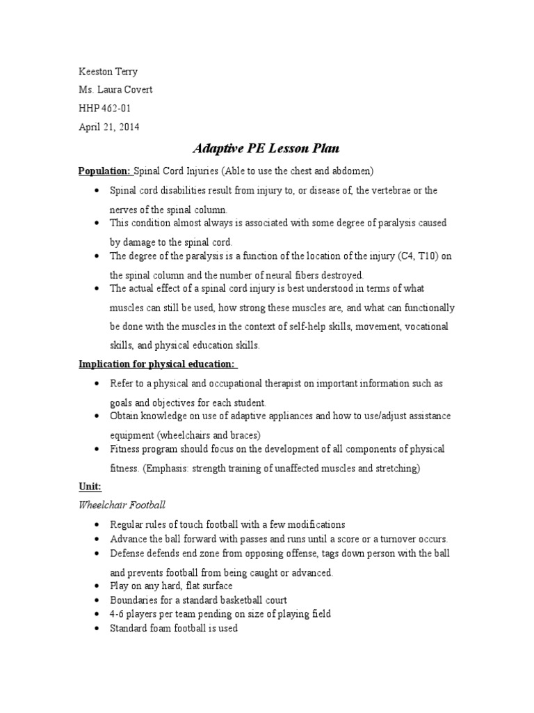 Adaptive Pe Lesson Plan | PDF | Spinal Cord Injury | Vertebral Column
