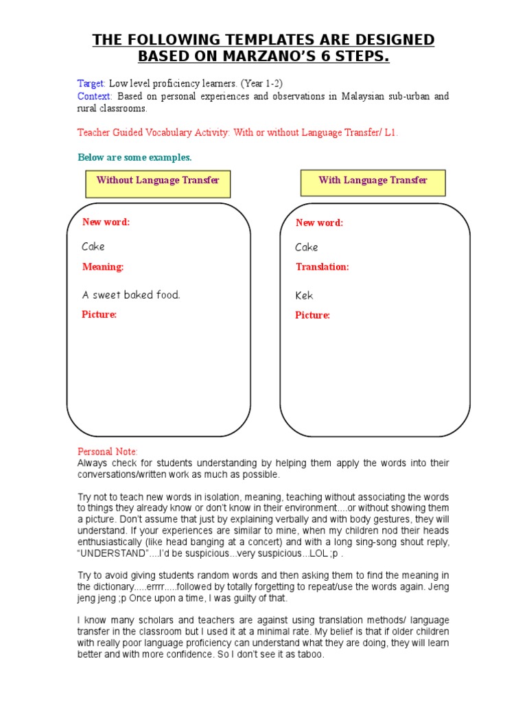The Following Templates Are Designed Based On Marzano'S 6 Steps | PDF