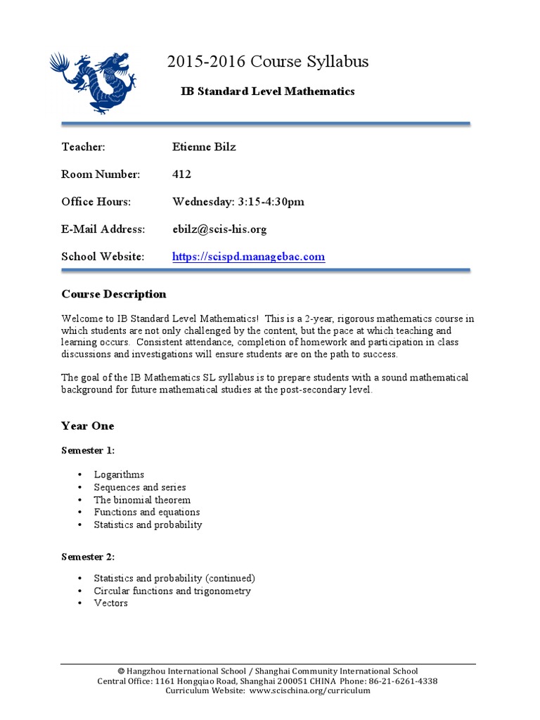 IB Math SL Syllabus 2015-16 | PDF | Learning | Behavior Modification