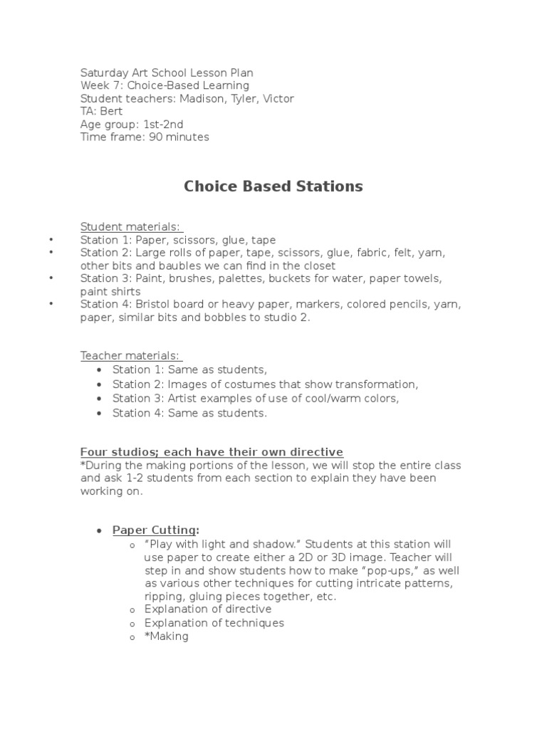 Saturday Art School Lesson Plan Choice Based Stations | PDF | Paintings ...